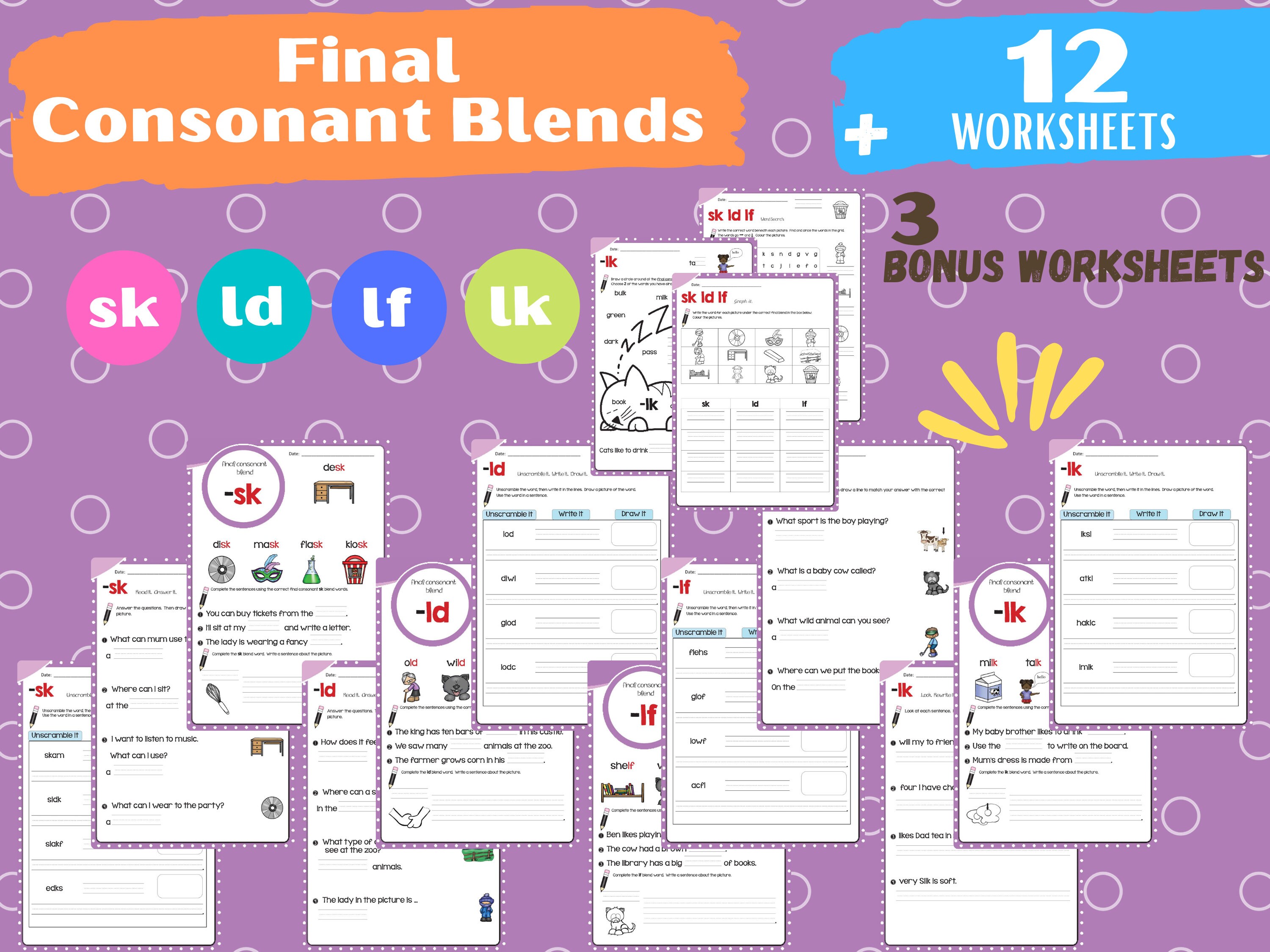 Final Consonant Blends -sk, -ld, -lf, -lk. Phonics Worksheets. Sk Sound ...