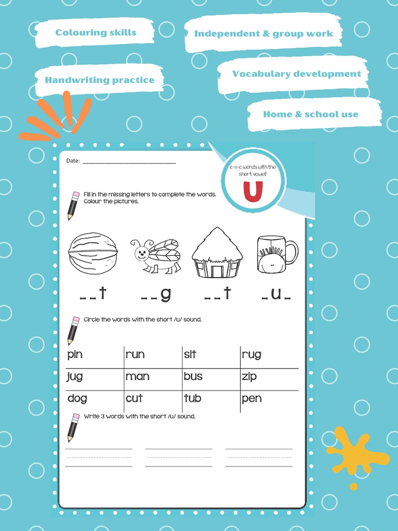 Short Vowel 'u' CVC Words Worksheets - Etsy