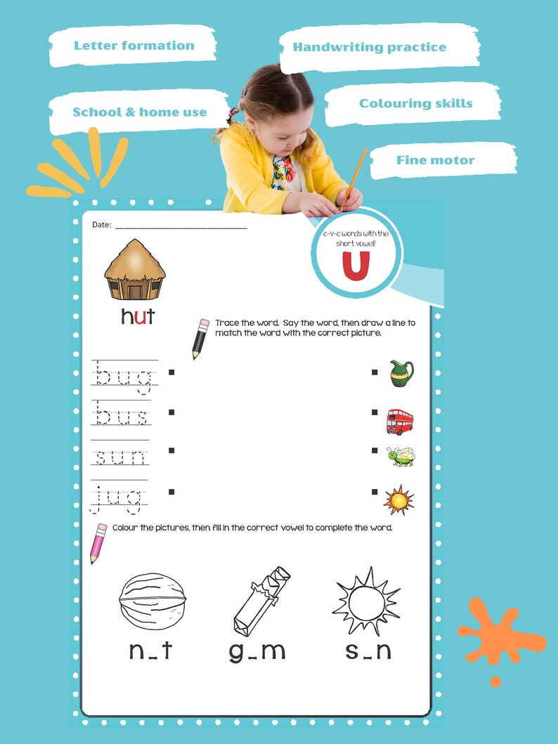 Short Vowel 'u' CVC Words Worksheets - Etsy