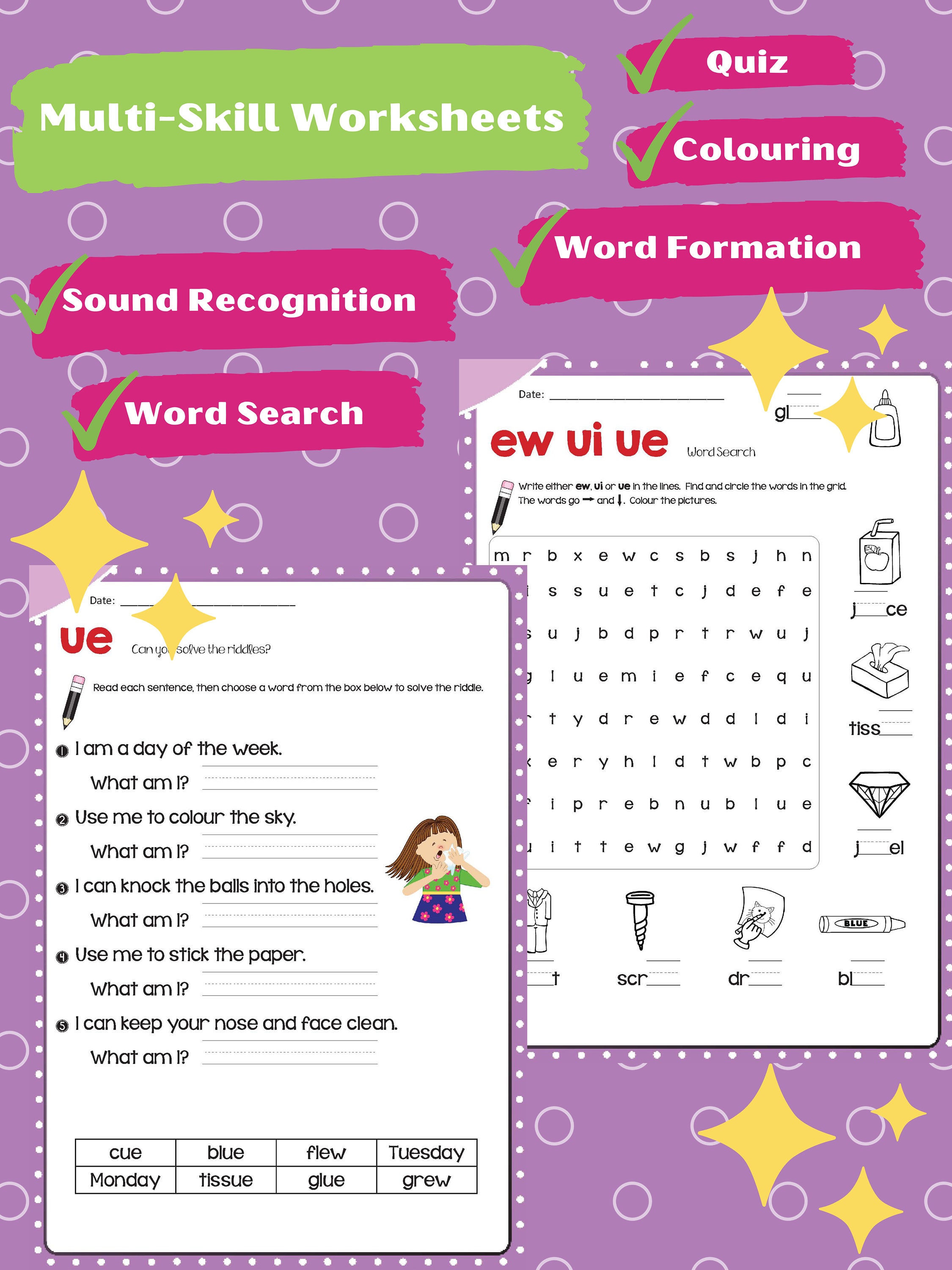 Vowel Diphthongs -ew, -ui, -ue. U Sound Phonics Worksheets for Home and ...