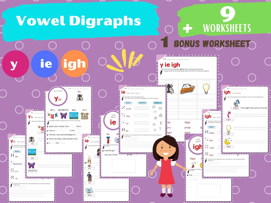Vowel Digraphs Worksheets. Y Digraph. Ie Digraph. Igh Digraph. Phonics ...
