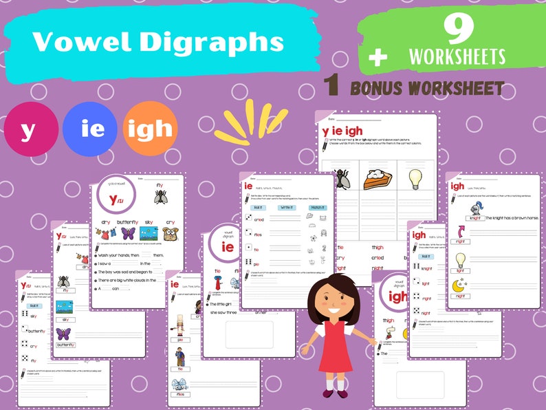 Vowel Digraphs Worksheets. Y Digraph. Ie Digraph. Igh Digraph. Phonics ...