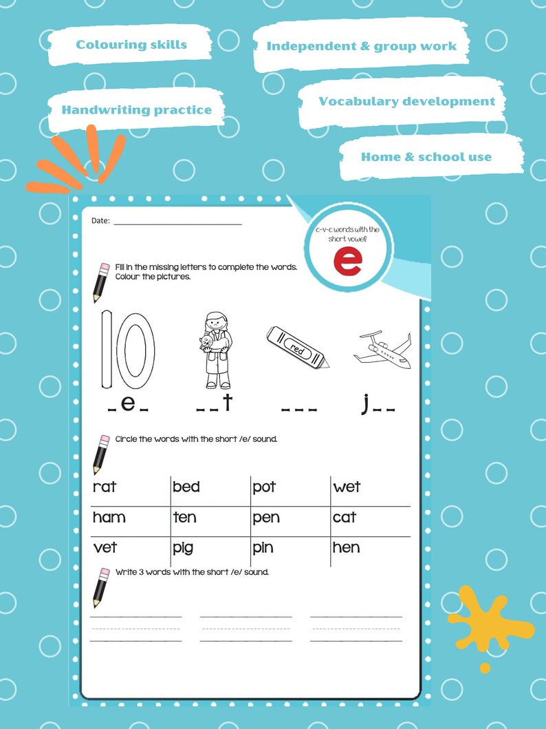 Short Vowel 'e' CVC Words Phonics Worksheets - Etsy