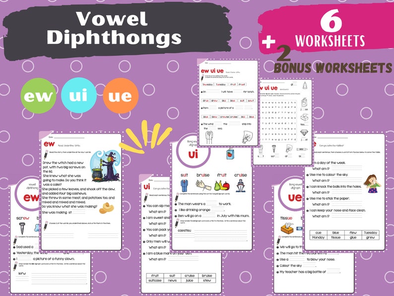 Vowel Diphthongs ew, ui, ue. U Sound Phonics Worksheets for Home and ...
