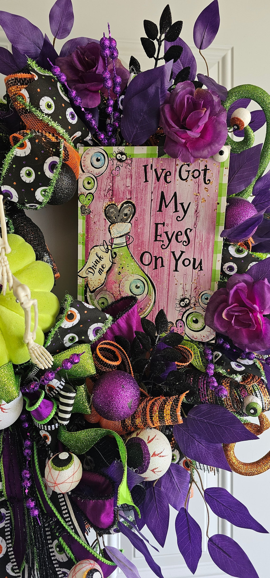 Eyeball Halloween Wreath, Spooky Skeleton Decor, Purple Green Front ...