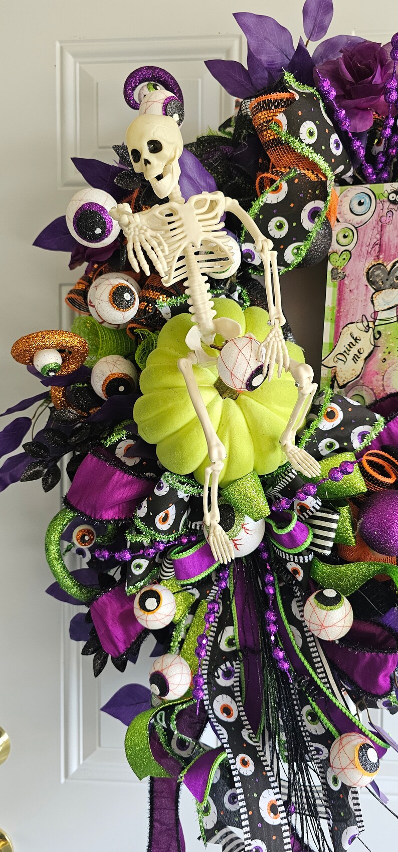 Eyeball Halloween Wreath, Spooky Skeleton Decor, Purple Green Front ...