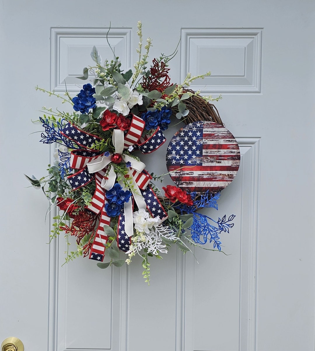 Rustic USA Flag Wreath, Patriotic Memorial Day Door Decor, Red White ...