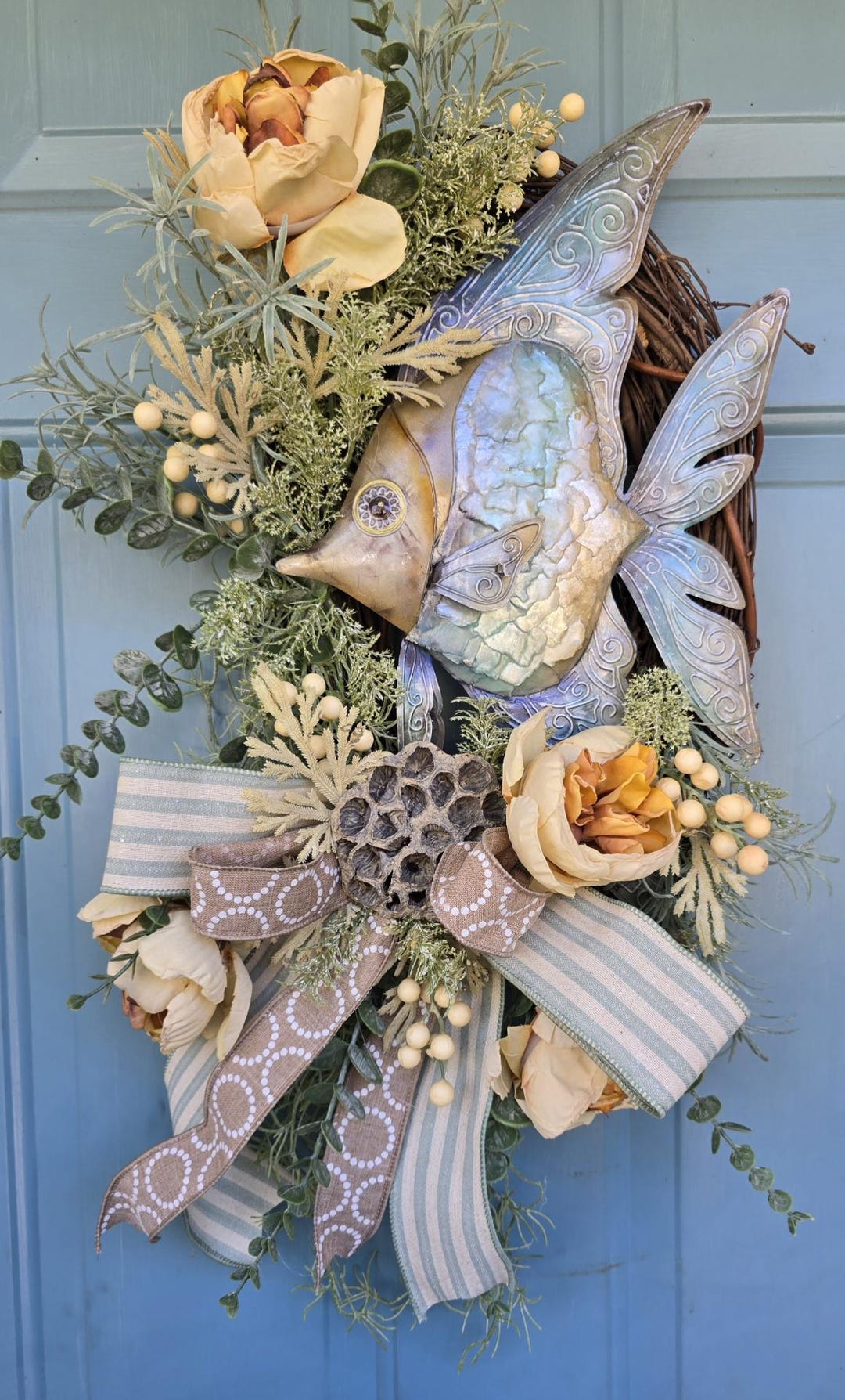 Coastal Fish Wreath, Nautical Front Door Decor, Neutral Summer Wreath ...
