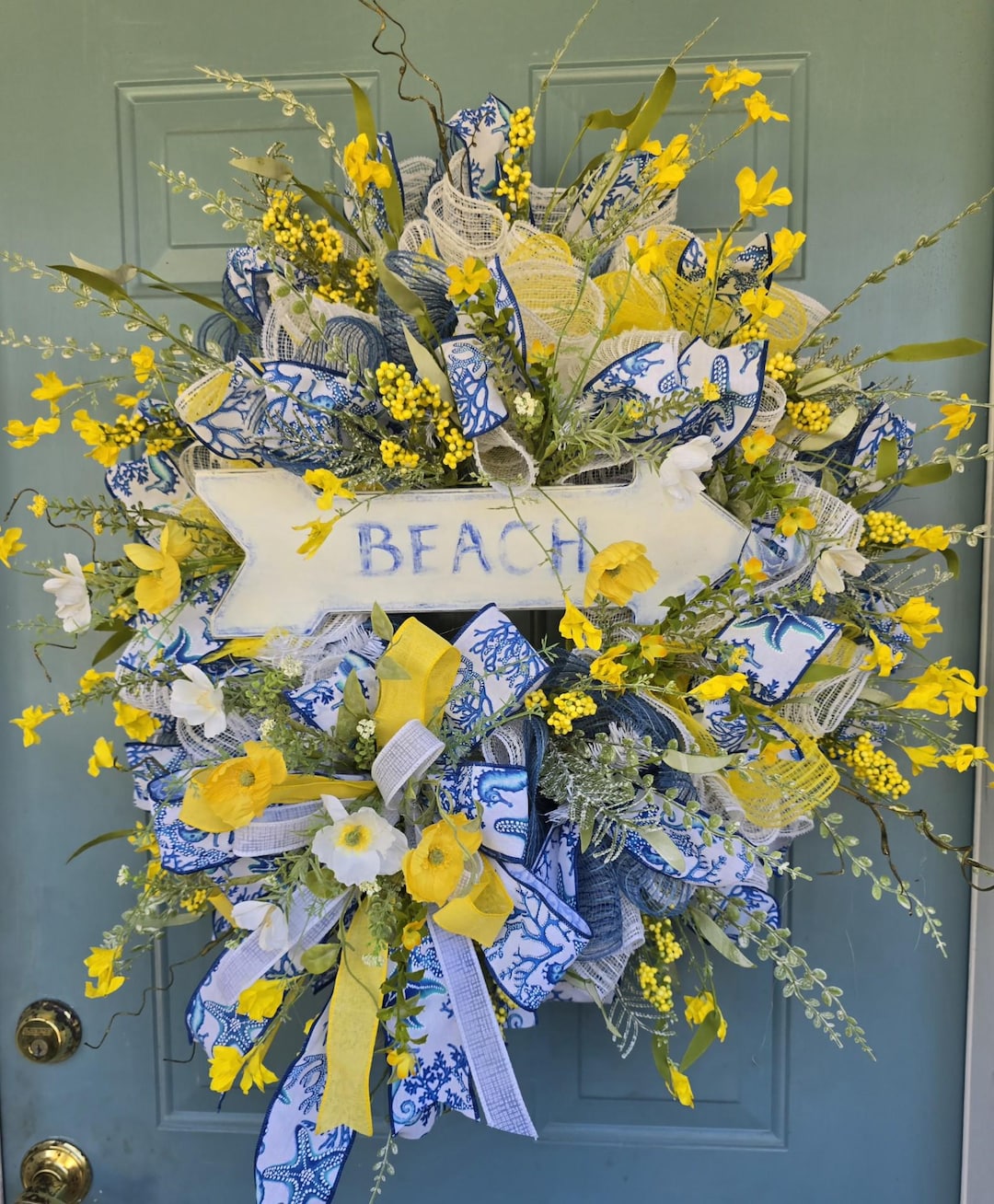 Yellow Blue Beach Wreath, Coastal Summer Door Decor, Nautical Front ...