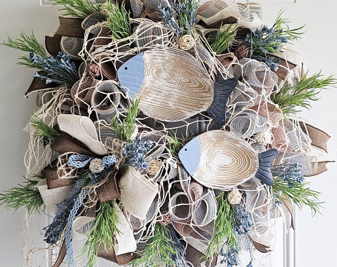 Beach Nautical Summer Wreath With Fish, Coastal Door Decor, Handmade ...
