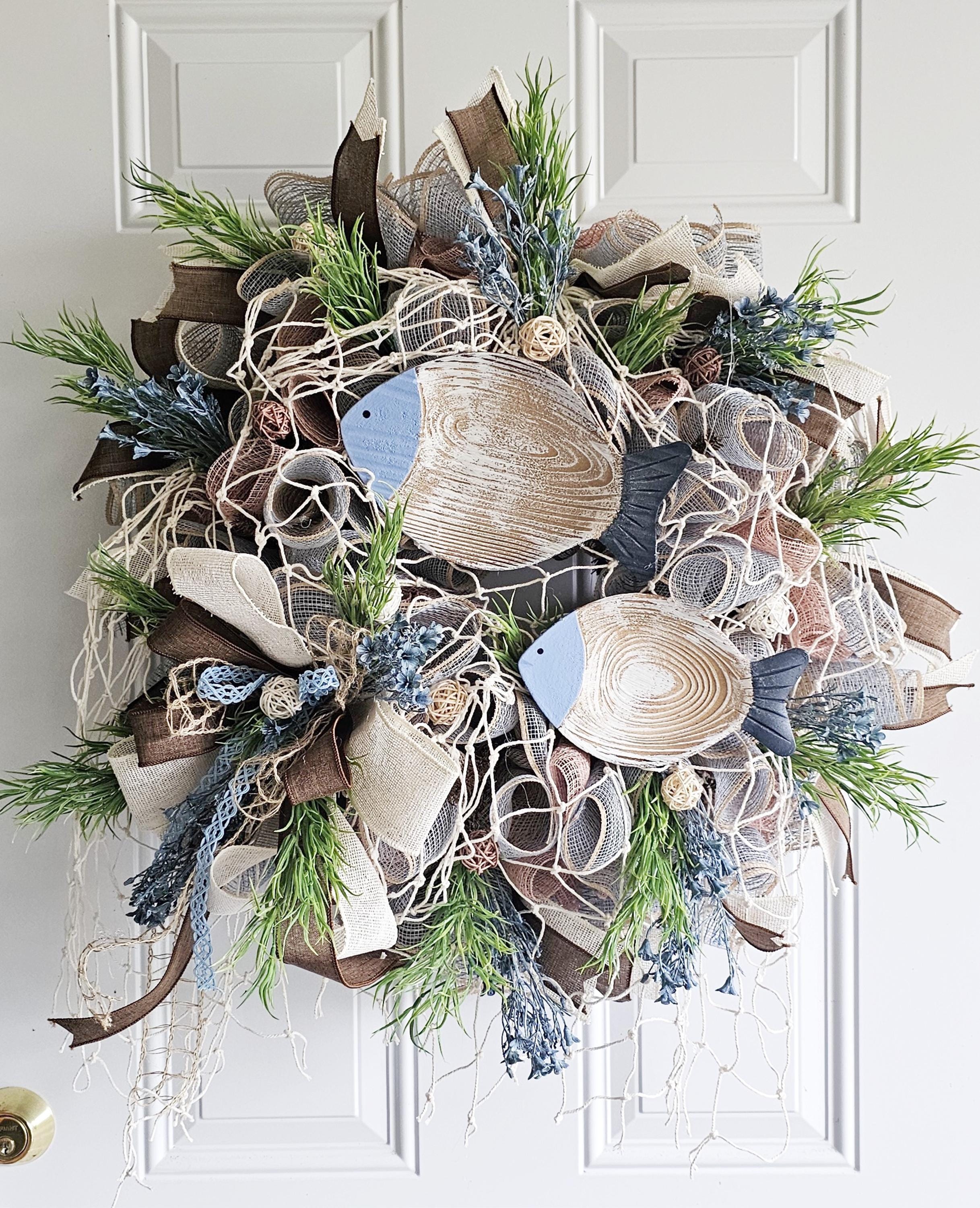 Beach Nautical Summer Wreath With Fish, Coastal Door Decor, Handmade ...