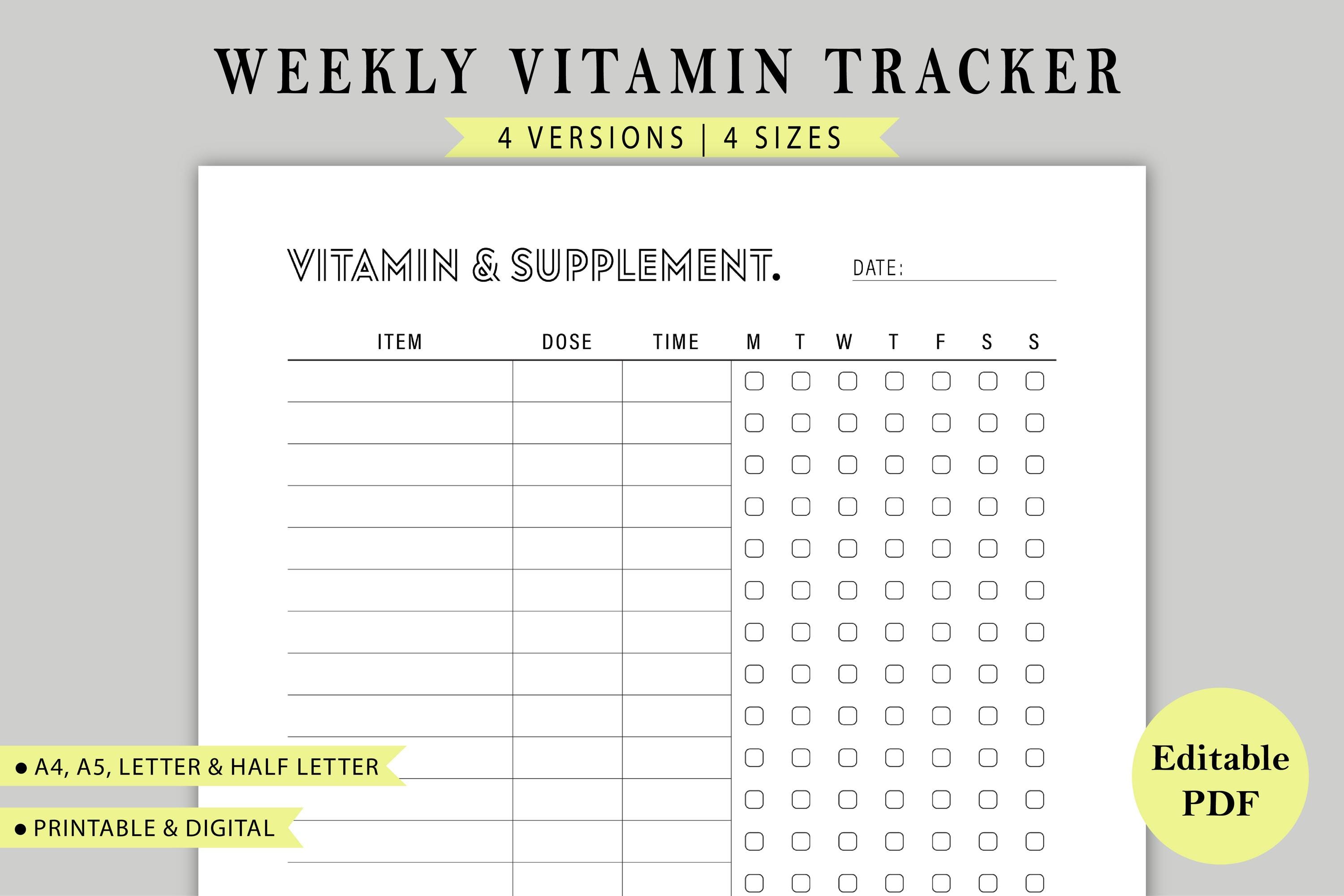 Weekly Vitamin Tracker Printable, Supplement Checklist, Daily Vitamin ...