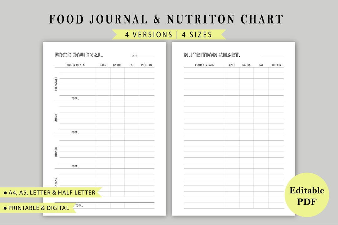 Daily Food Journal & Nutrition Chart Printable Template, Food Log, Meal ...