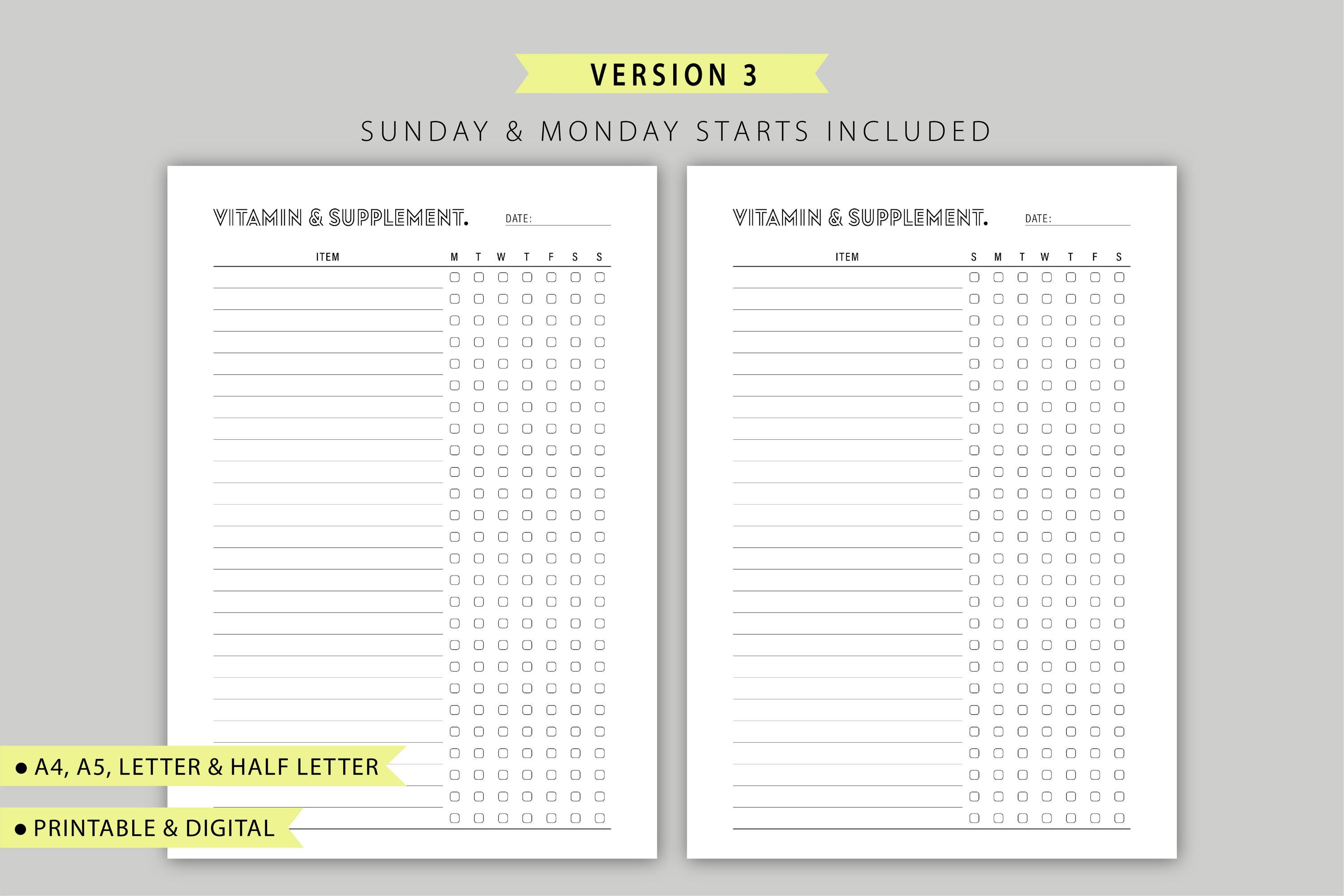 Weekly Vitamin Tracker Printable, Supplement Checklist, Daily Vitamin ...