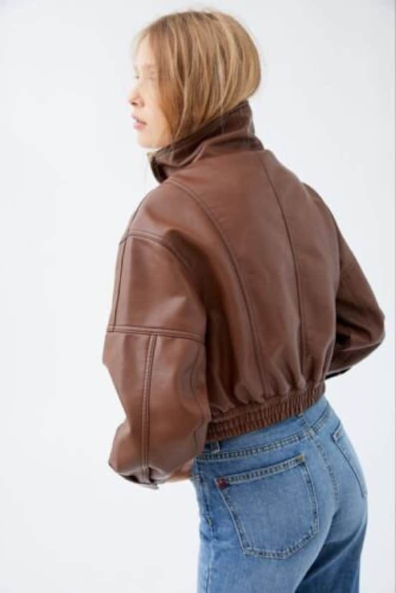 90's Oversized Women Brown Leather Jacket Handmade Real Leather Oversized Bomber Jacket for ...