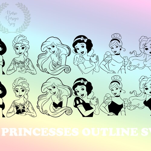 Princess Bundle SVG PNG Princesses Outline Design Family - Etsy