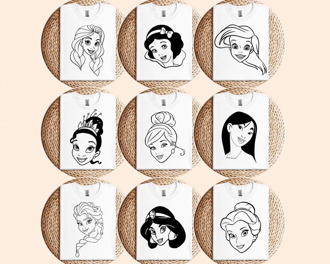 Princesses Head Bundle Svg Png, Princess Face Svg, Princess Line Svg ...