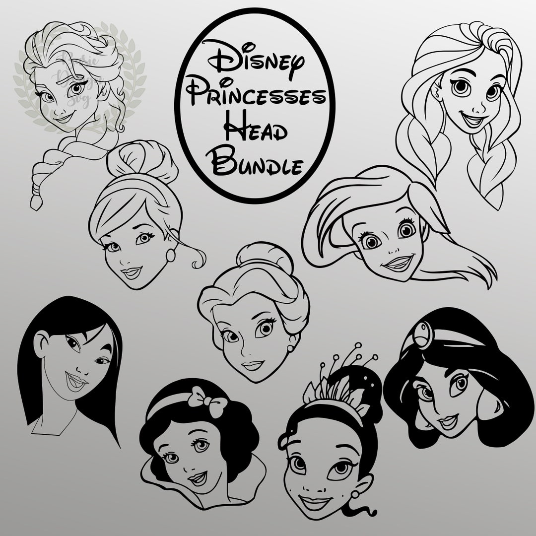Princesses Head Bundle Svg Png, Princess Face Svg, Princess Line Svg ...