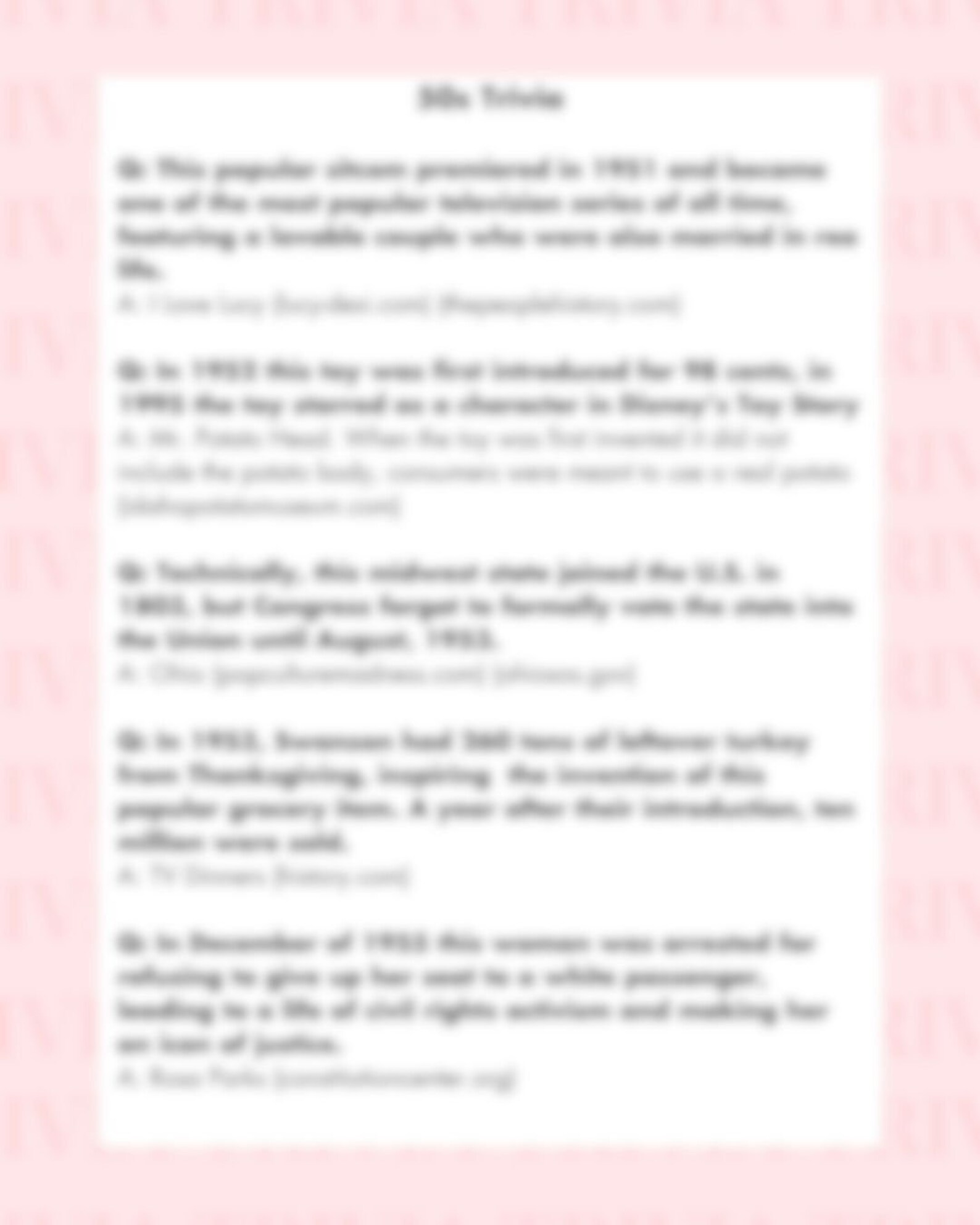 50s Themed Trivia Questions | 1950s Quiz Game | Fifties Trivia | Bar ...
