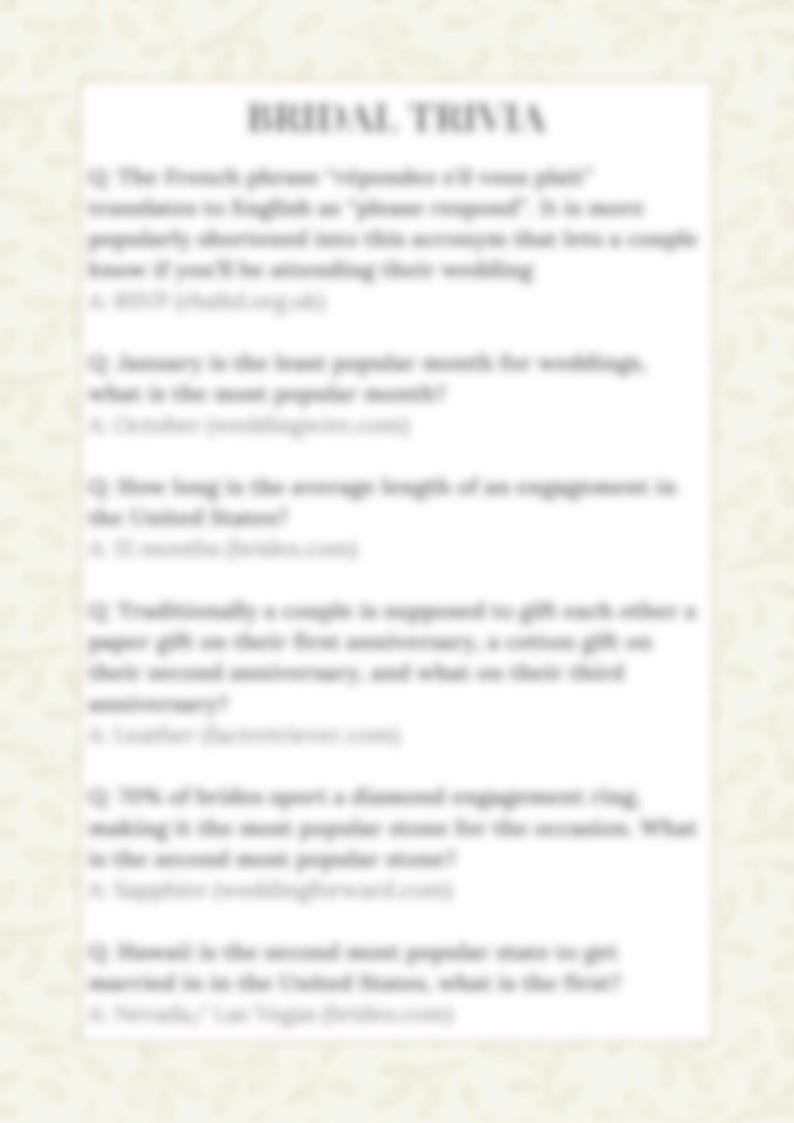 Bridal Trivia | Marriage Trivia Questions | Wedding Trivia Game | Bride ...