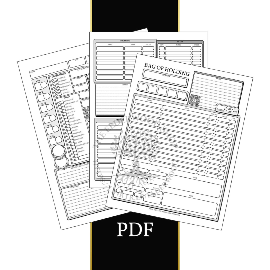 Printable PDF TTRPG D&D Enhanced Character Sheet and Bag of Holding ...