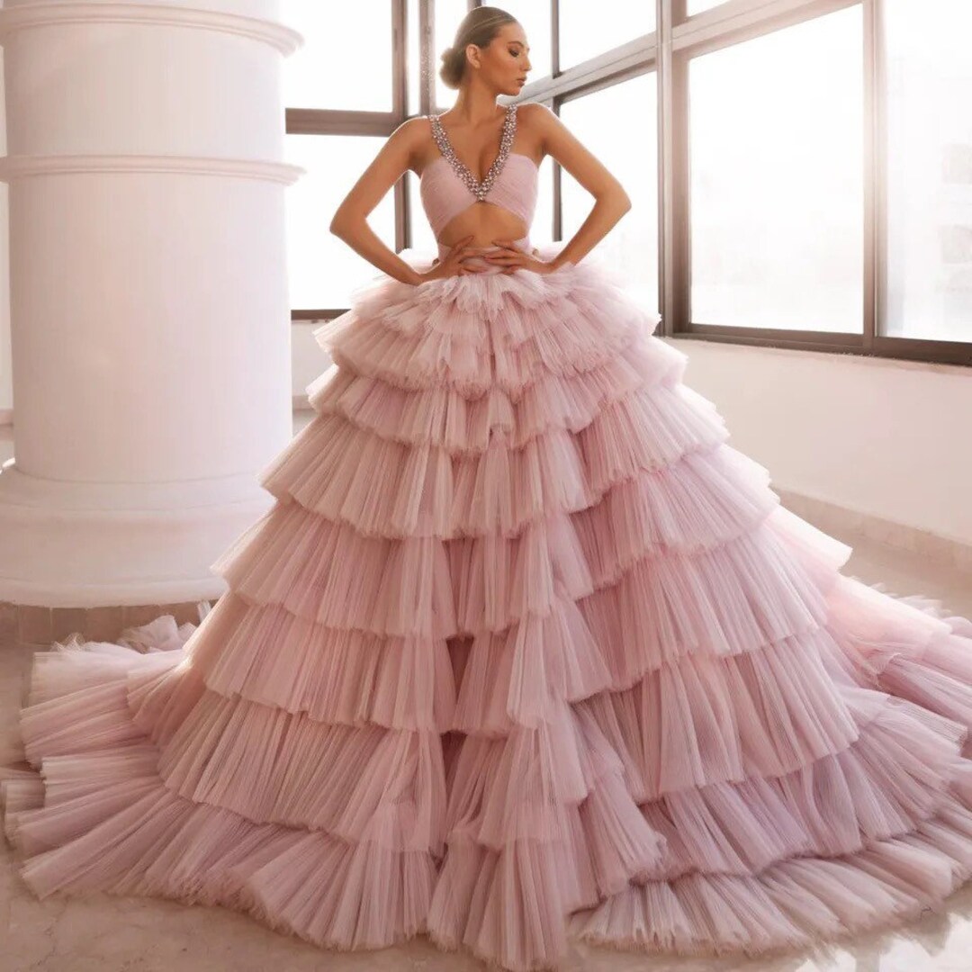 Exaggerated Ball Gown Pink Tulle Prom Party Dresses Tiered Ruffles ...