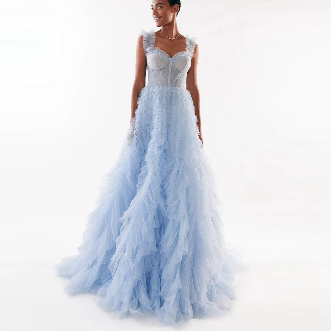 Baby Blue Tulle Dress Long Ruffled Prom Gowns Party Dresses Sweetheart ...