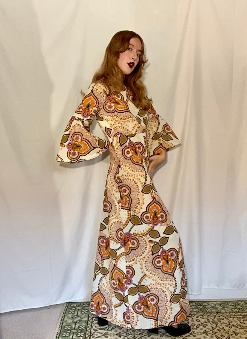 60s Trumpet Sleeve Floral Print Psychedelic Maxi Dress - Etsy