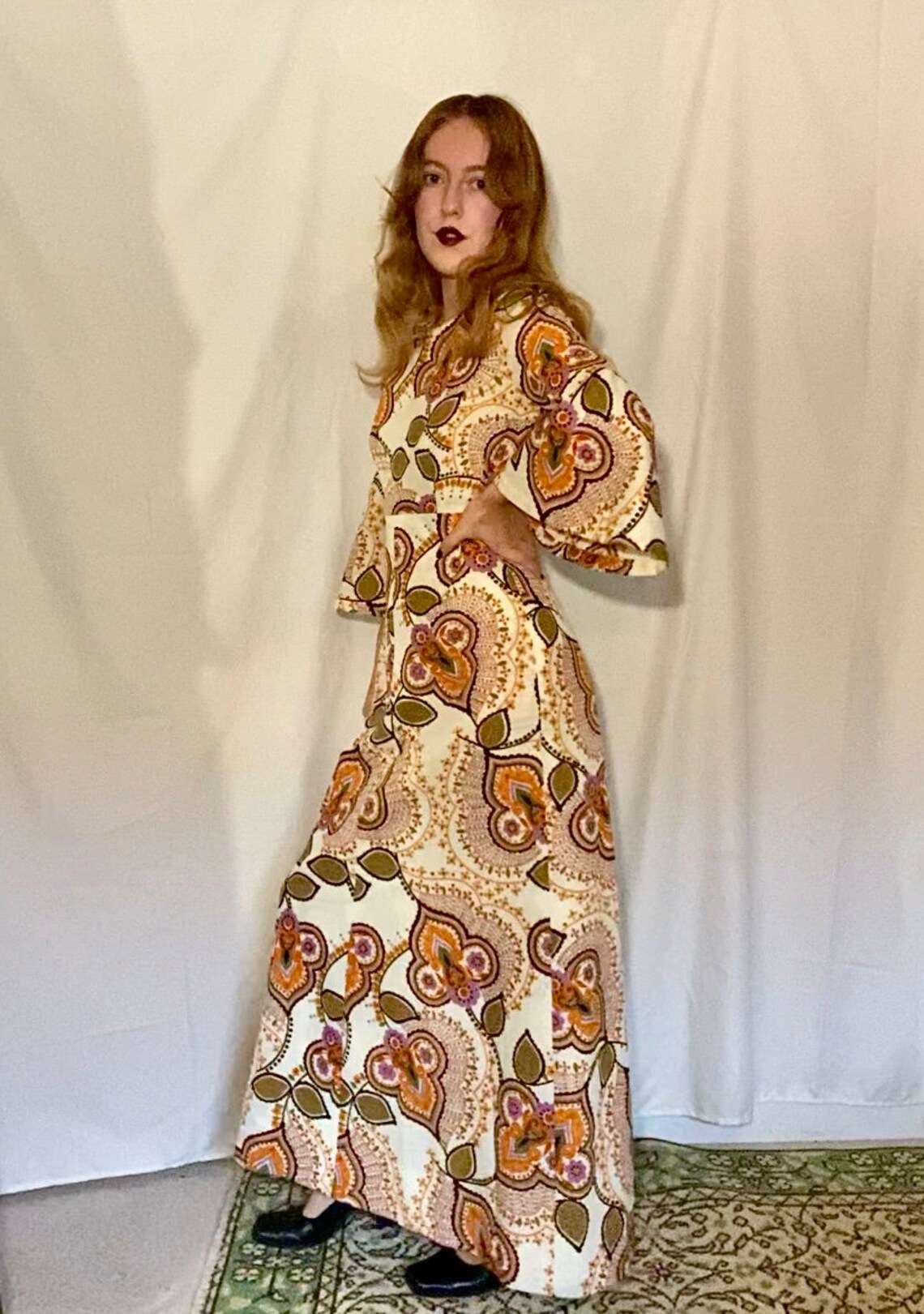 60s Trumpet Sleeve Floral Print Psychedelic Maxi Dress - Etsy