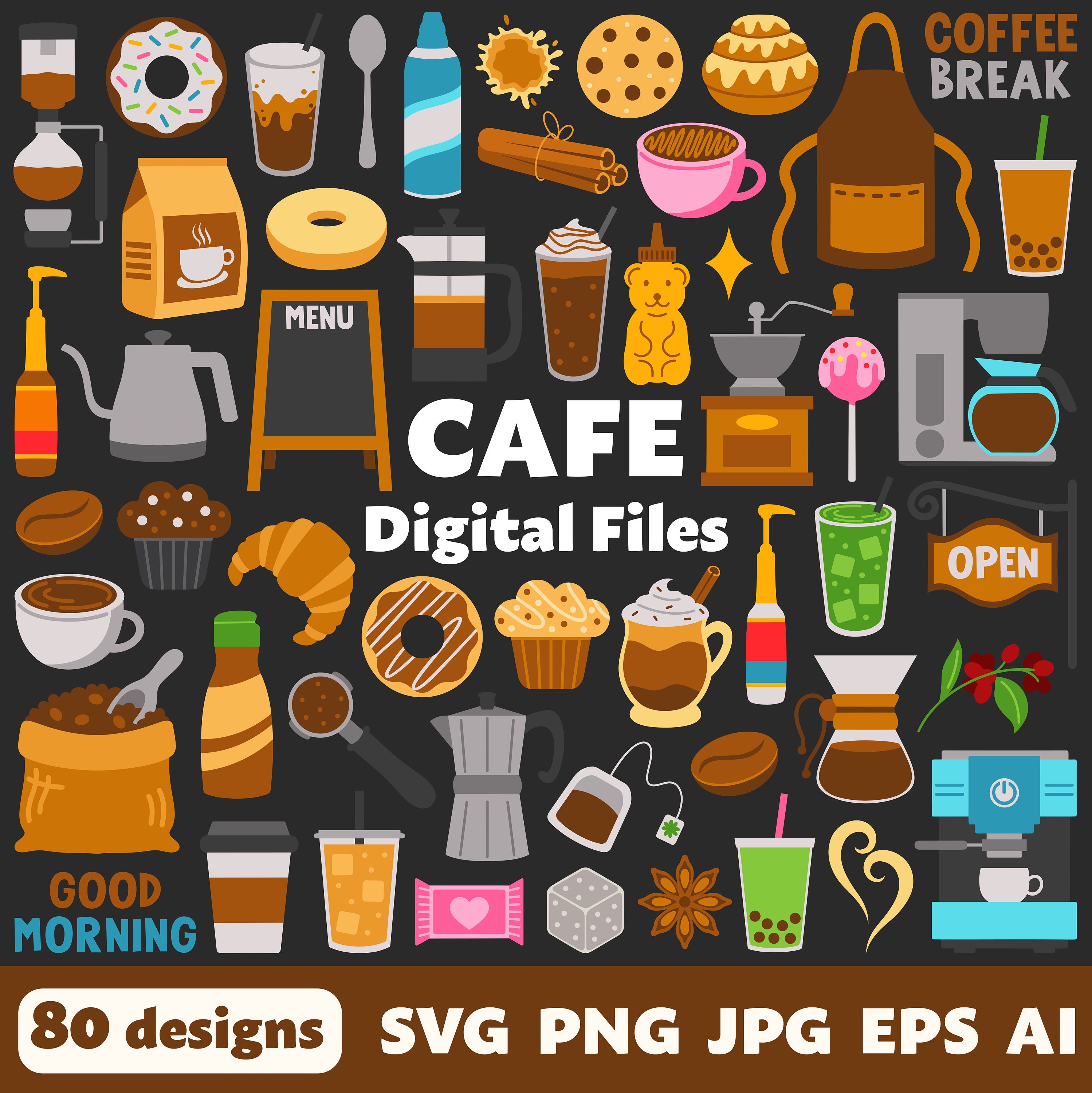 Café Digital Files, SVG PNG JPG, Clipart, Cut Files, Cricut, Printable ...