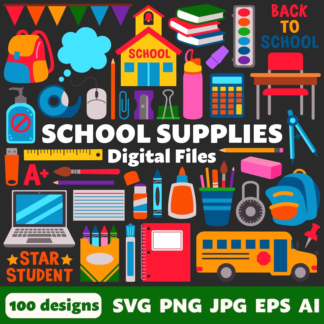 School Supplies Digital Files, SVG PNG JPG, Clipart, Cut Files, Icons ...