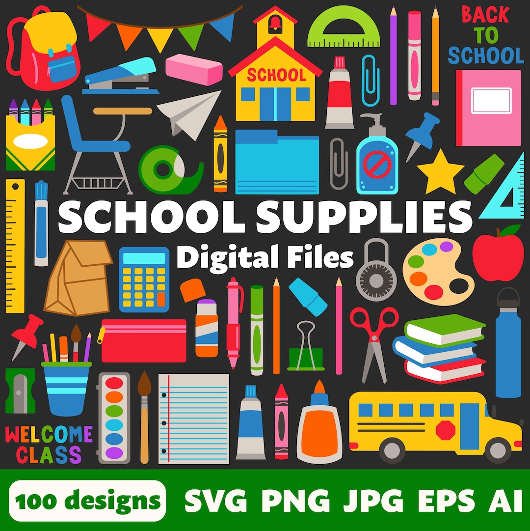 School Supplies Digital Files, SVG PNG JPG, Clipart, Cut Files ...