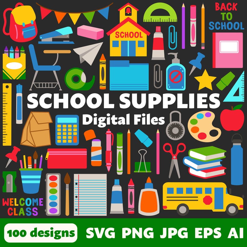 School Supplies Digital Files, SVG PNG JPG, Clipart, Cut Files ...