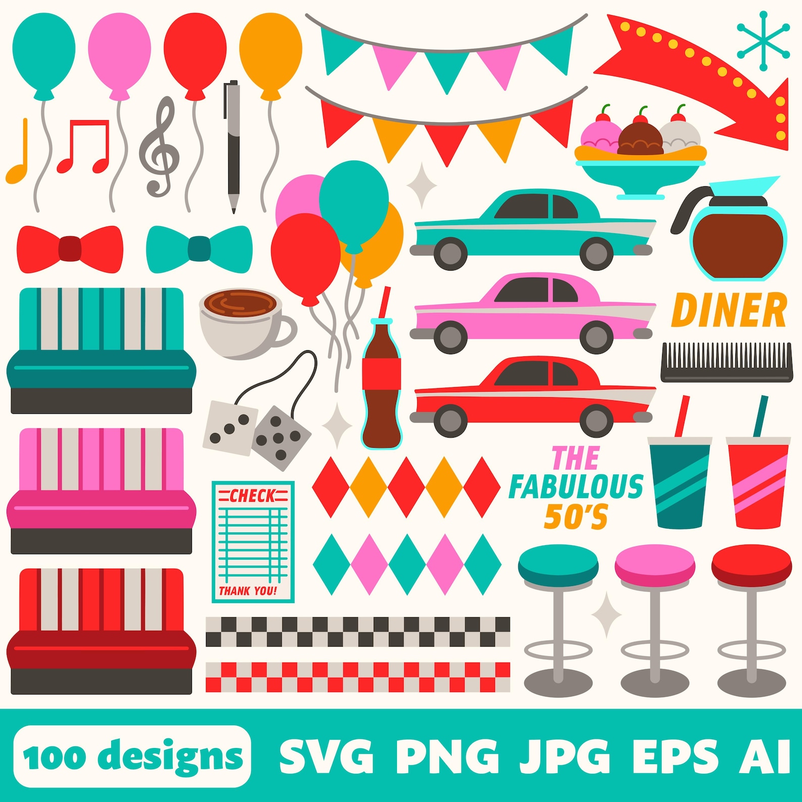 50s Diner Digital Files, SVG PNG JPG, Clipart, Cut Files, Cricut, Party ...