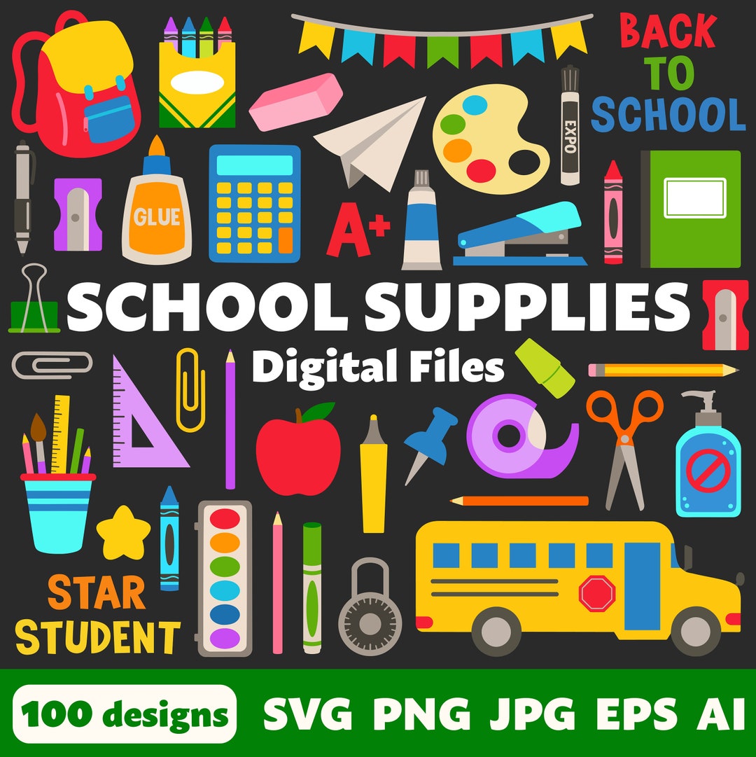 School Supplies Digital Files, SVG PNG JPG, Clipart, Cut Files ...