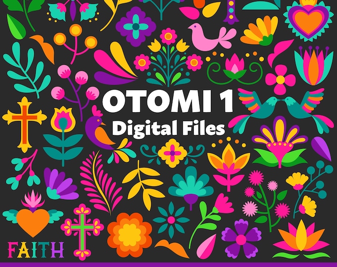 Mexican Otomi Clipart Bundle - Colorful Mexican Flower Set SVG PNG ...