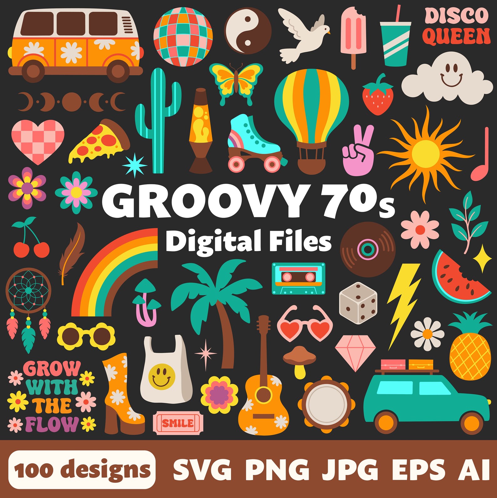 Groovy 70s Digital Files, SVG PNG JPG, Clipart, Cut Files, Graphics ...