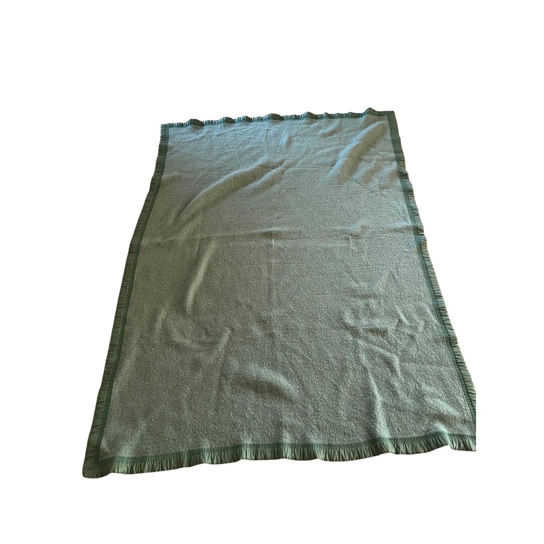 Vintage French Woolmark Pure New Wool Blanket With Green Satin Trim ...