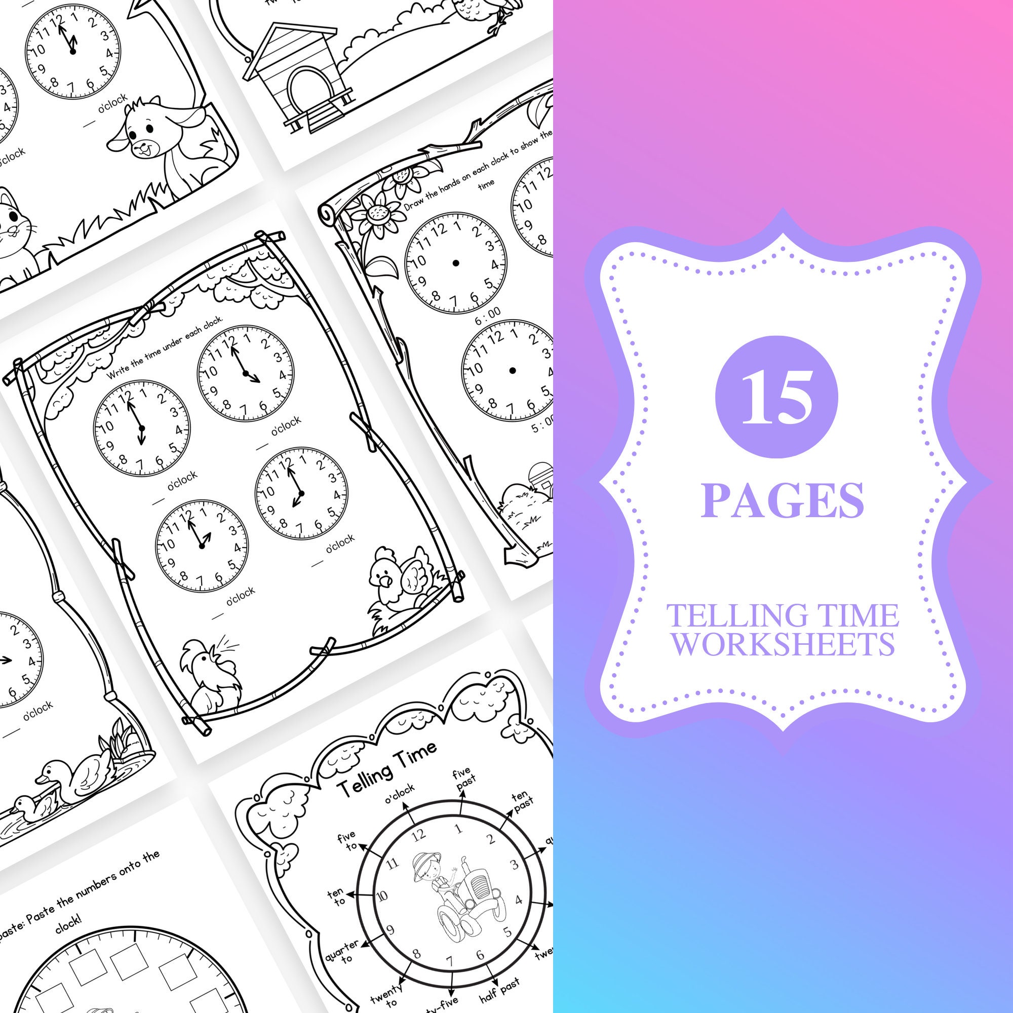 Farm Theme Telling Time to the Hour Worksheets | Clock Practice for ...
