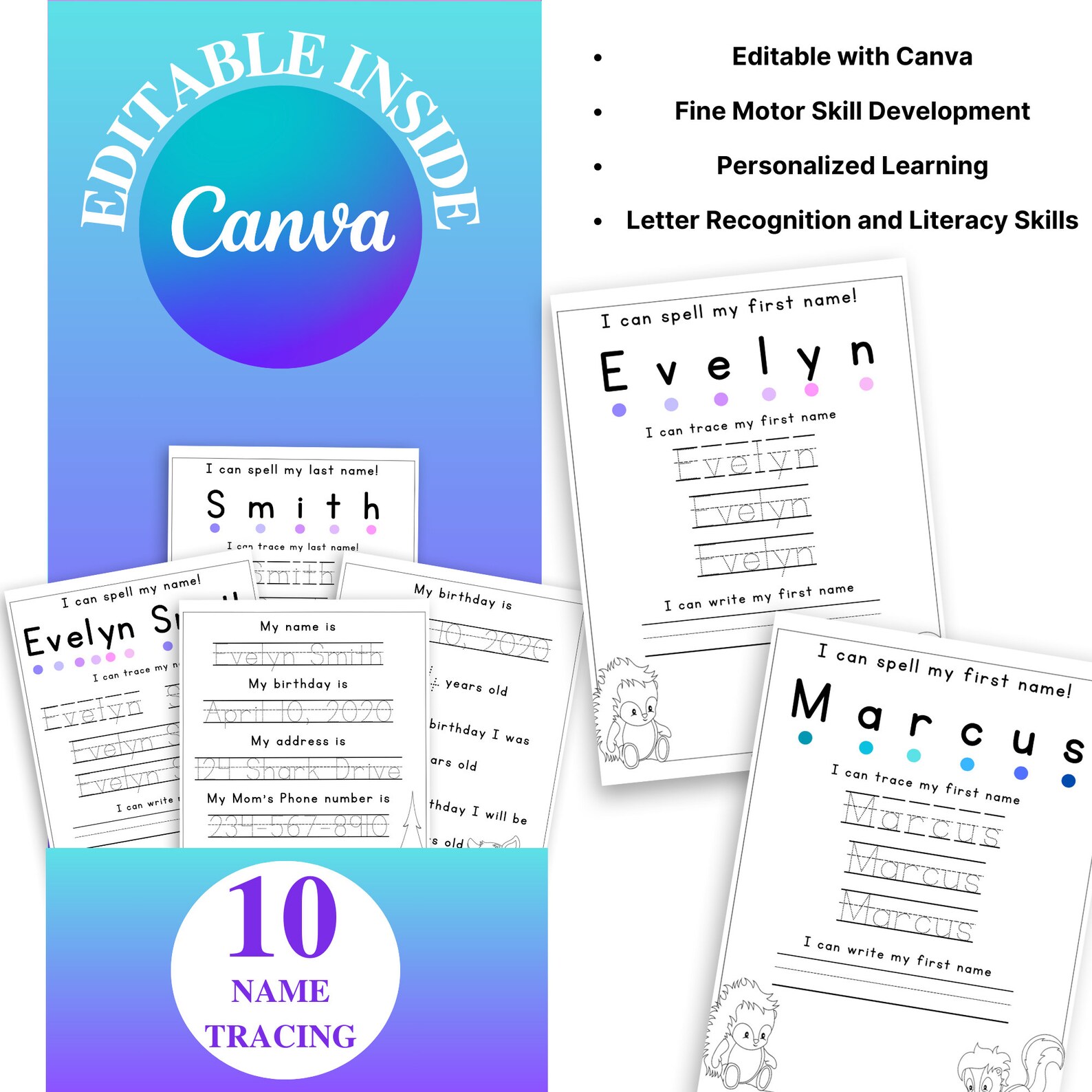 Editable Canva Name Tracing Worksheet - Preschool Handwriting Practice ...