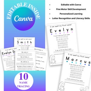 Editable Canva Name Tracing Worksheet - Preschool Handwriting Practice ...