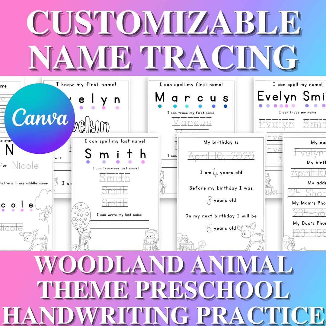 Editable Canva Name Tracing Worksheet - Preschool Handwriting Practice ...