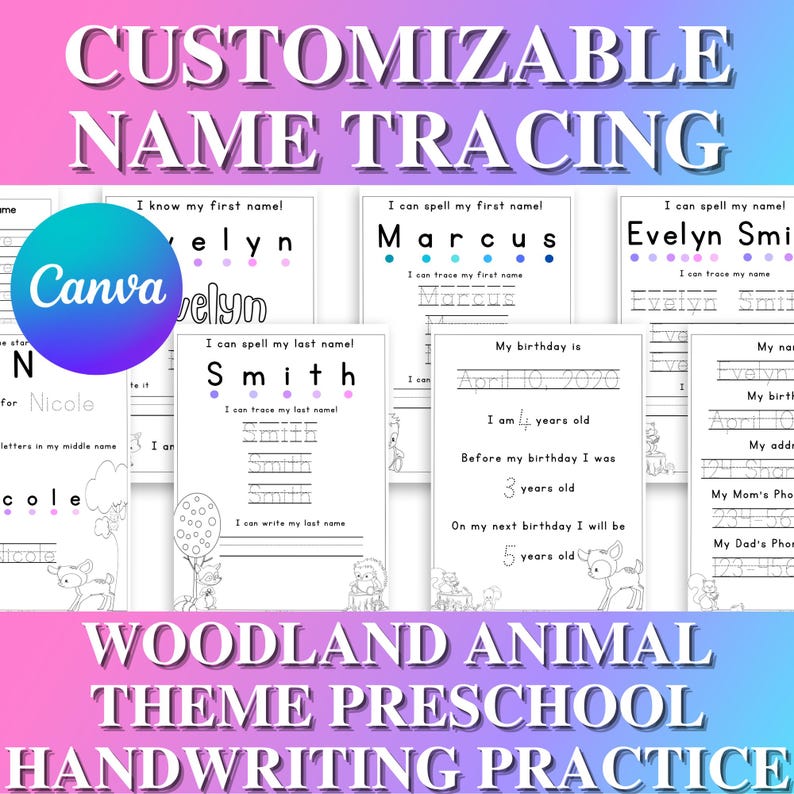 Editable Canva Name Tracing Worksheet - Preschool Handwriting Practice ...