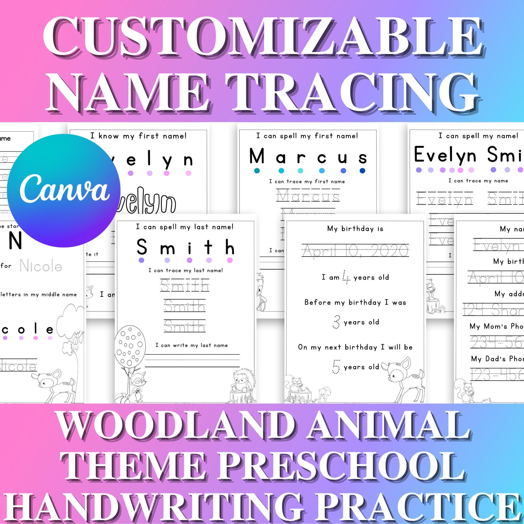 Editable Canva Name Tracing Worksheet - Preschool Handwriting Practice ...