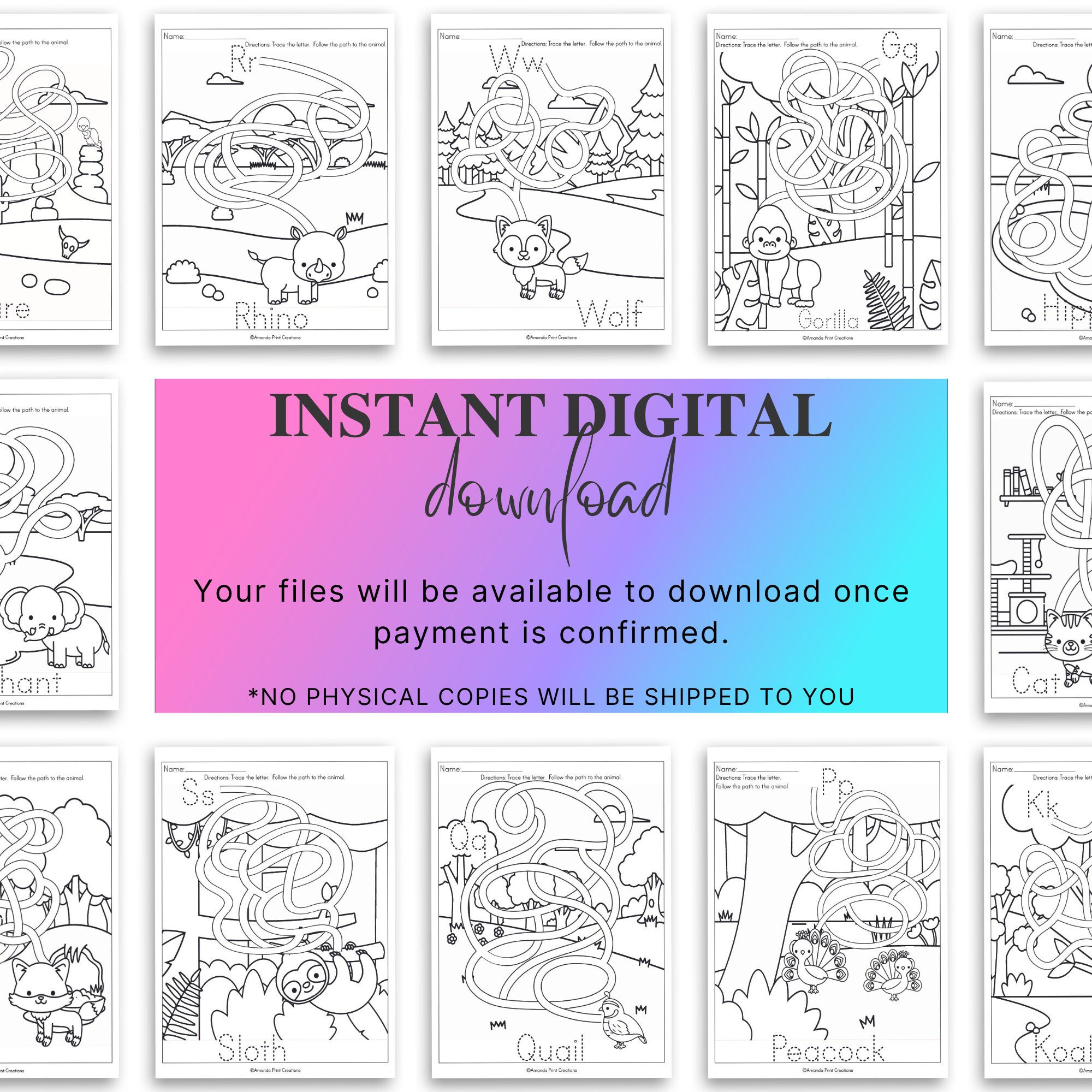 Alphabet Animal Mazes Activity Pages for Kids, Kids Maze Printable - Etsy