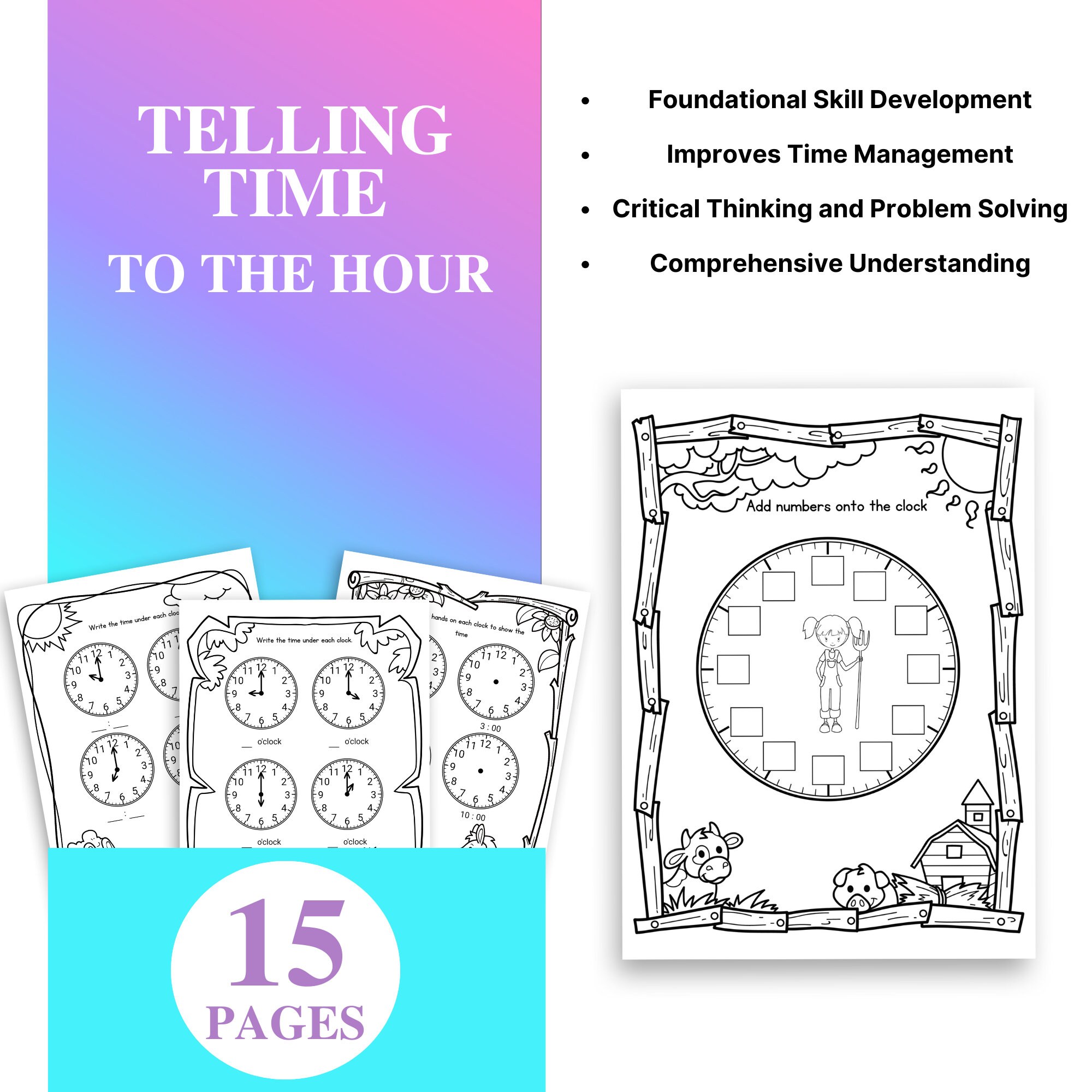 Farm Theme Telling Time to the Hour Worksheets | Clock Practice for ...