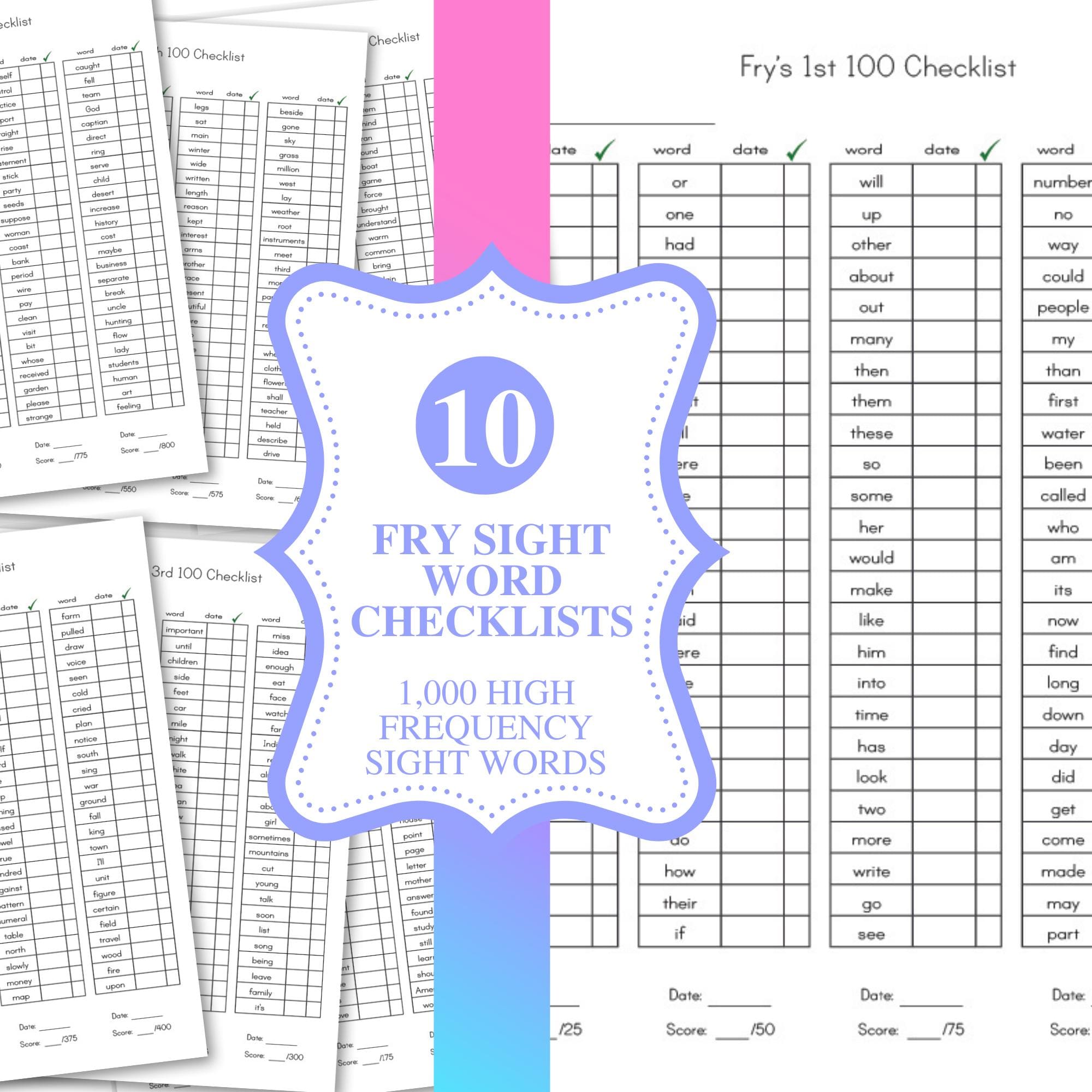 10 Fry Sight Word Checklists / 1,000 High Frequency Sight Words ...
