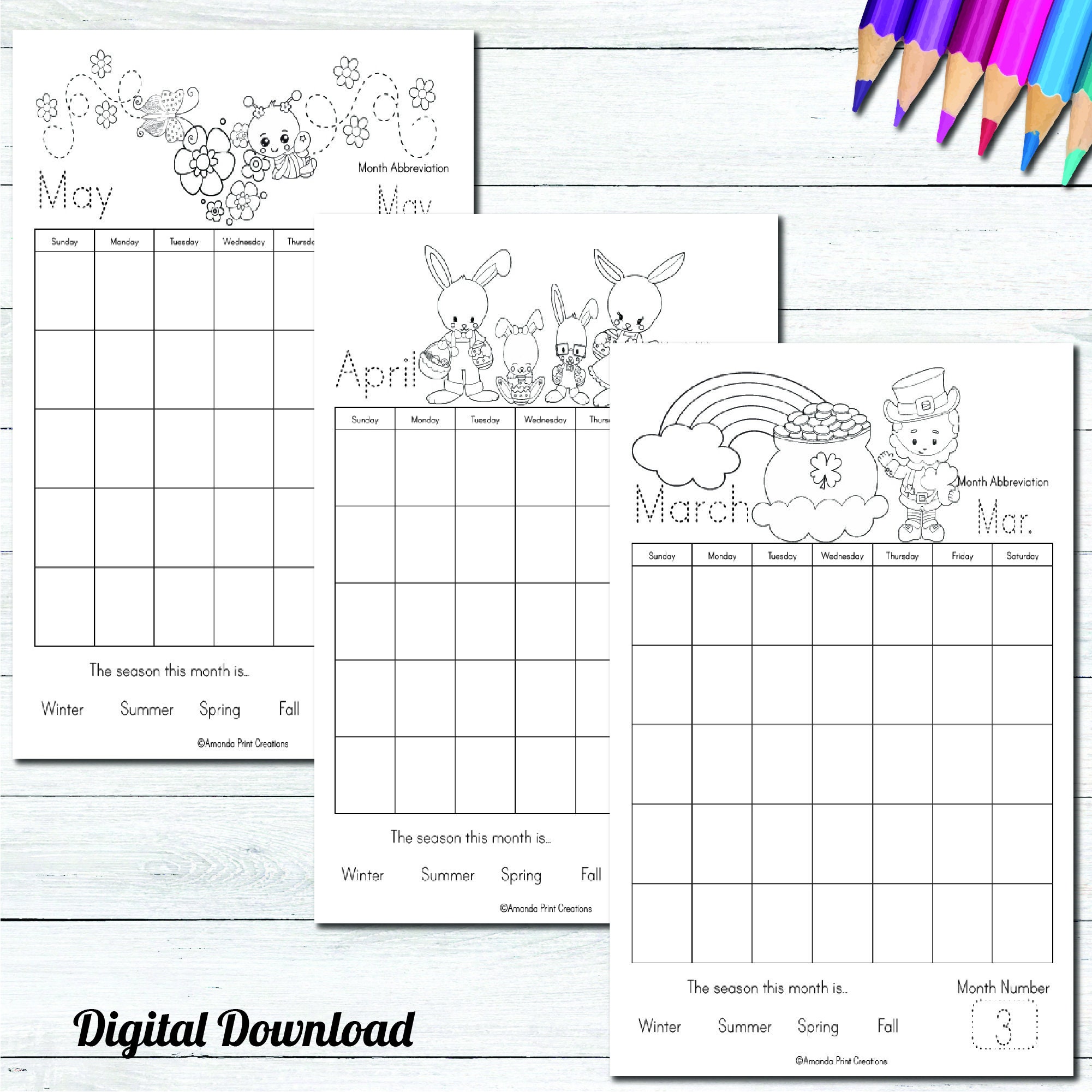 Undated Monthly Calendar for Kids, Calendar Practice for Kids, Undated ...