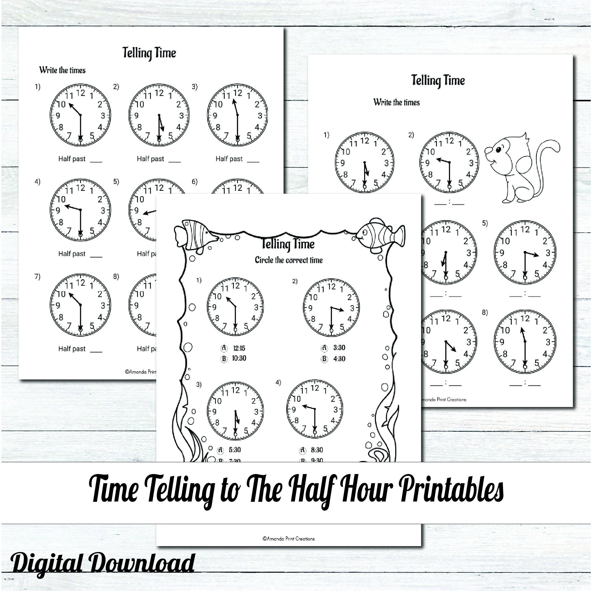 Telling Time to the Half Hour Worksheets / Clock Practice for Kids ...