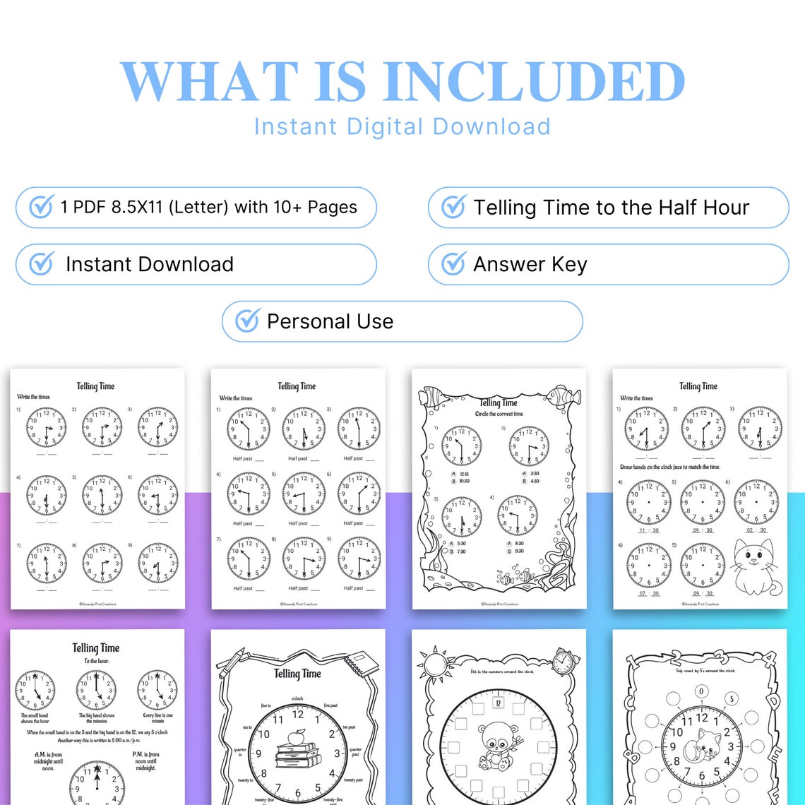 Telling Time to the Half Hour Worksheets / Clock Practice for Kids ...